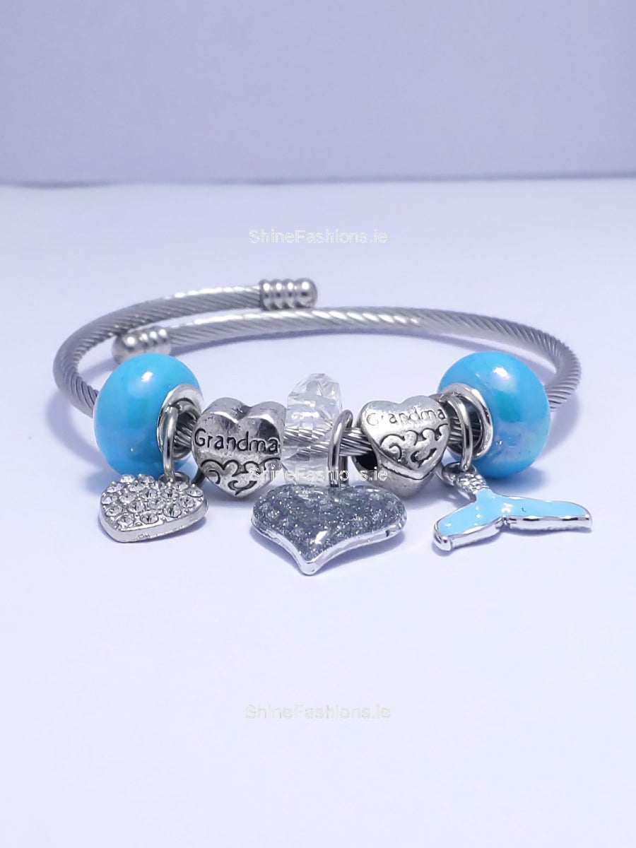 Silver Blue Heart Grandma Charm Bracelet ShineFashions.ie